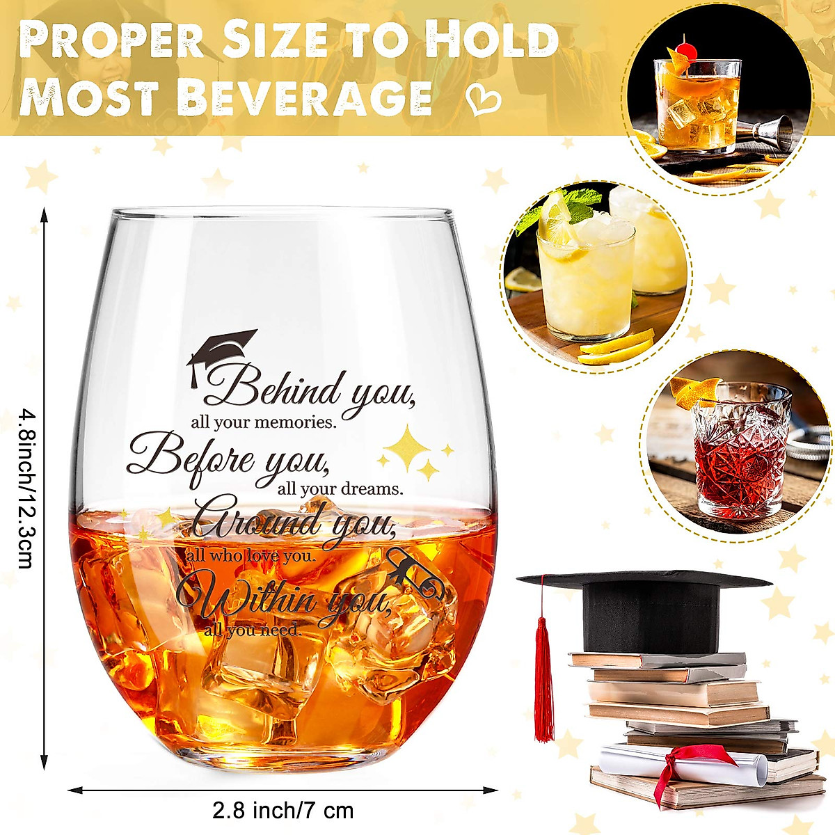 Patelai 2024 Inspirational Graduation Gift for Him or Her, Behind You All Memories Before You All Your Dream Stemless Wine Glass for 2024 College Graduate, 17 oz Wine Glass for Graduation Birthday