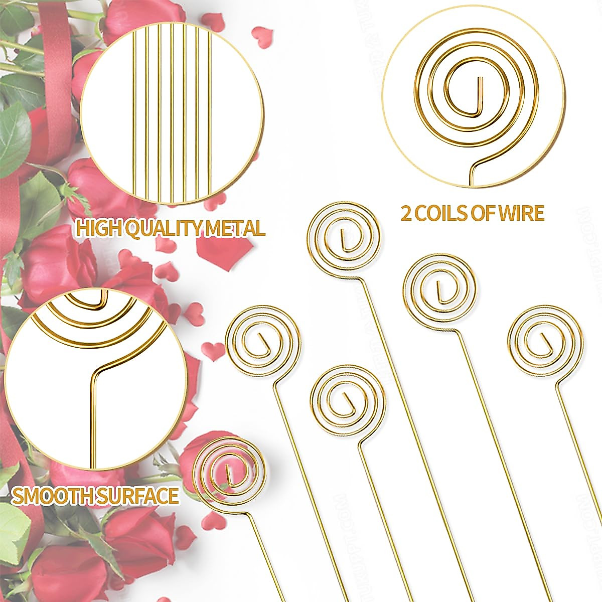 Dwlire 40 PCS Floral Card Holder, Metal Wire Photo Clips Picks Flower Card Holder,13 in Memo Note Clamp Photo Picture Holder, Gold Round Floral Picks for Wedding,Birthday,DIY Cake Topper, Coil Style