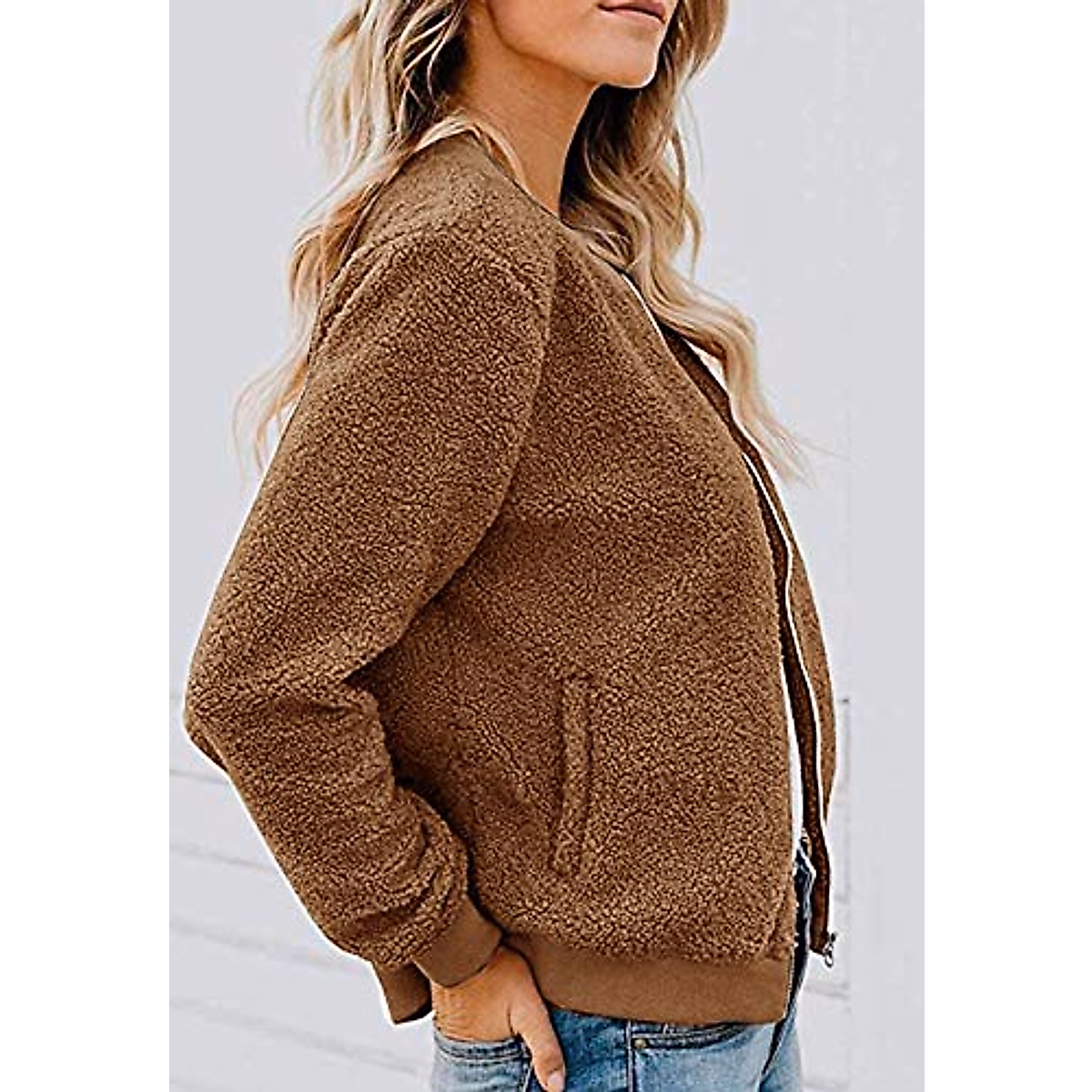 MIROL Women's Sherpa Fleece Jacket Faux Fuzzy Long Sleeve Casual Zip Up Bomber Coat