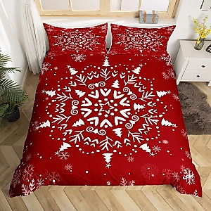 Red Abstract Snowflake Duvet Cover King Size,Merry Christmas Style Bedding Set 3pcs for Child Girls Boys Room Decor,New Year Gift Comforter Cover Retro Exotic Pattern Quilt Cover,2 Pillowcases