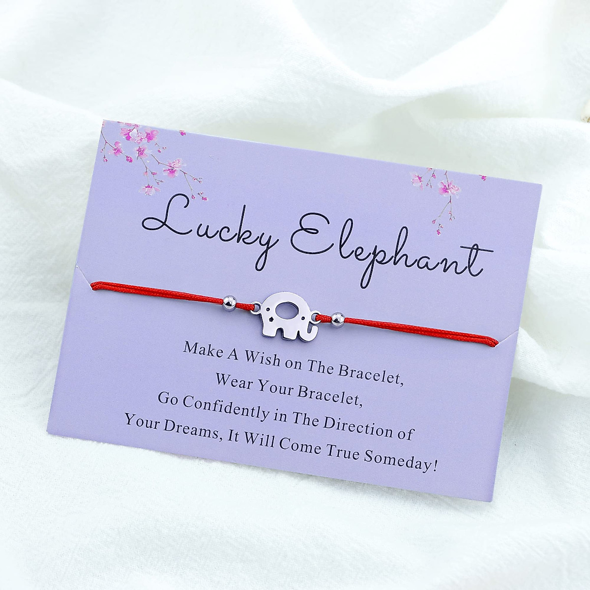 Bowisheet Good Luck Elephant Bracelet Handmade Red Cord Adjustable Bracelet With Message Card Gift for Women