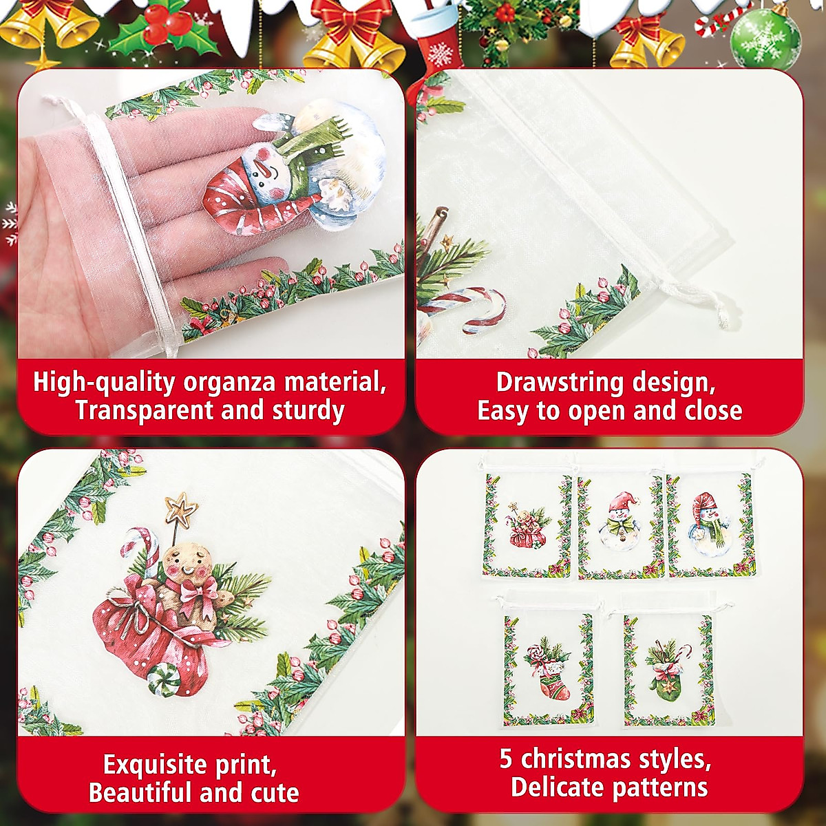 50 Pack Christmas Organza Bags 4x6 inches Christmas Mesh Drawstring Small Gift Bags Christmas Goodie Candy Bags for Holiday Party Favors Decoration
