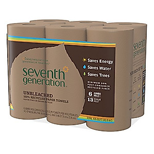 Seventh Generation Unbleached Paper Towels, 100% Recycled Paper, 6 Count, Pack of 4