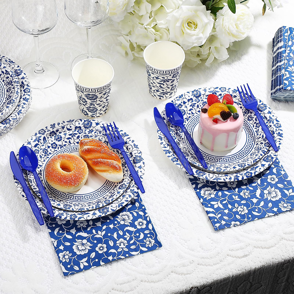Hushee 225 Pcs Blue and White Flower Disposable Tableware Set for 25 Guests 9 Inch 7 Inch Elegant Floral Paper Plates Cups Straws Napkins Knives Forks Spoons for Bridal Shower Wedding Birthday Party