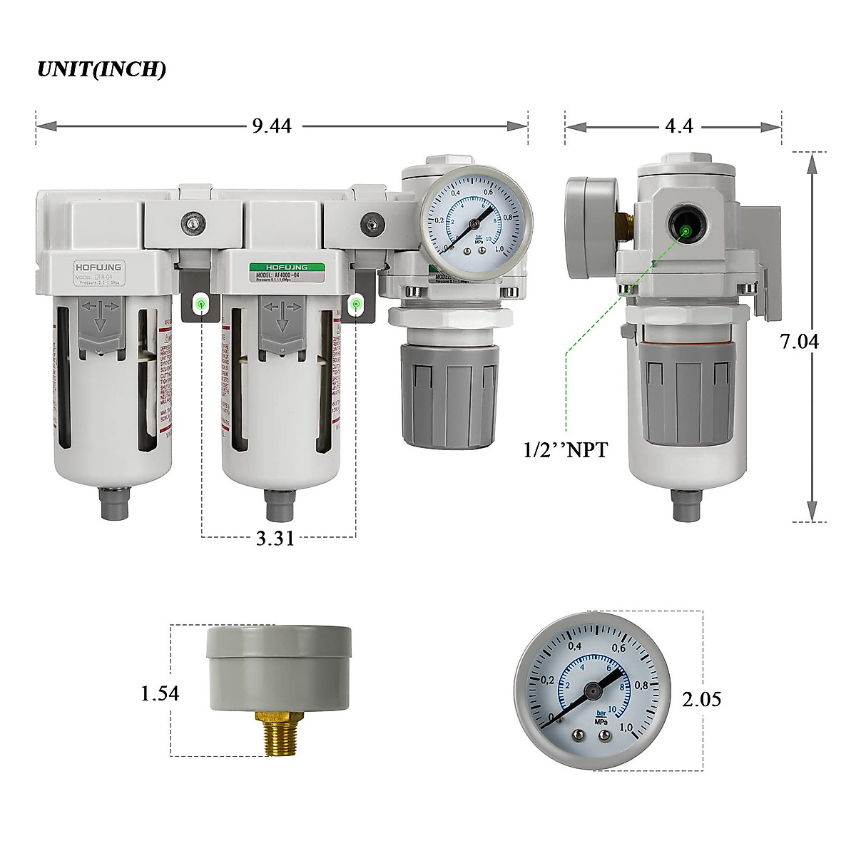 1/2" NPT Air Dryer System, 5 Micron Particulate Filter, 0.5＆0.01 Micron Coalescing Filters, Air Pressure Regulator Combo, 0-150 psi Gauge, Semi-Auto Drain, Poly Bowl, Metal Bracket