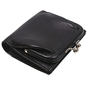 Rfid Blocking Genuine Leather Wallet for Women,Full Grain Leather Bifold Small Ladies Purse,with Kiss Lock Closure Coin Pocket and ID Card Holder,Black Soft Cow Leather,Packed with Gift Box (Black)