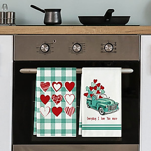 AnyDesign Valentine's Day Kitchen Towel Romantic Heart Love Truck Dish Towel 18 x 28 Inch Blue White Buffalo Plaids Hand Drying Towel Tea Towel for Wedding Anniversary Cooking Baking, Set of 4