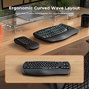 MEETION Ergonomic Wireless Keyboard with Separate Numeric Keypad, Wave Flexible 2-in-1 Setup for Multi-Device, 2.4G/Bluetooth Split Design with Wrist Rest for Accountants/Data Entry/Left-Handed User
