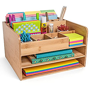 MissionMax Bamboo Wood Desk Organizer, Max Storage with Two File Trays, Vertical File, Pens, Pads and Other Bins to Hold Your Work Necessities