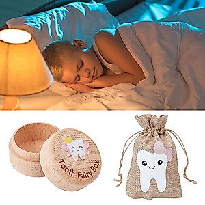GOMAKERER 1 Set Tooth Fairy Box, Wooden Tooth Storage Box, Cute Tooth Keepsake Storage Box with Burlap Packing Pouches, First Lost Deciduous Teeth Collection for Gift