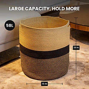 Cotton Rope Laundry Basket Hamper for Clothes, Cloth Bag, Woven Storage Basket for Living Room, Bedroom, Boho Tall Rope Baskets for Blanket, Toys, Pillow, Towels, Baby Nursery Hamper (Black and Beige)