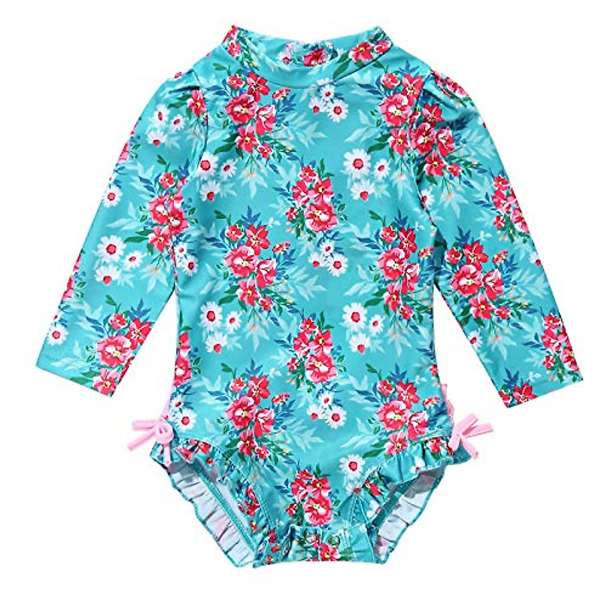 MSemis Infant Baby Girls Floral Printed Ruffled Back Rash Guard UPF 50+ Swimwear Swimsuit Bathing Suit Blue 18-24 Months