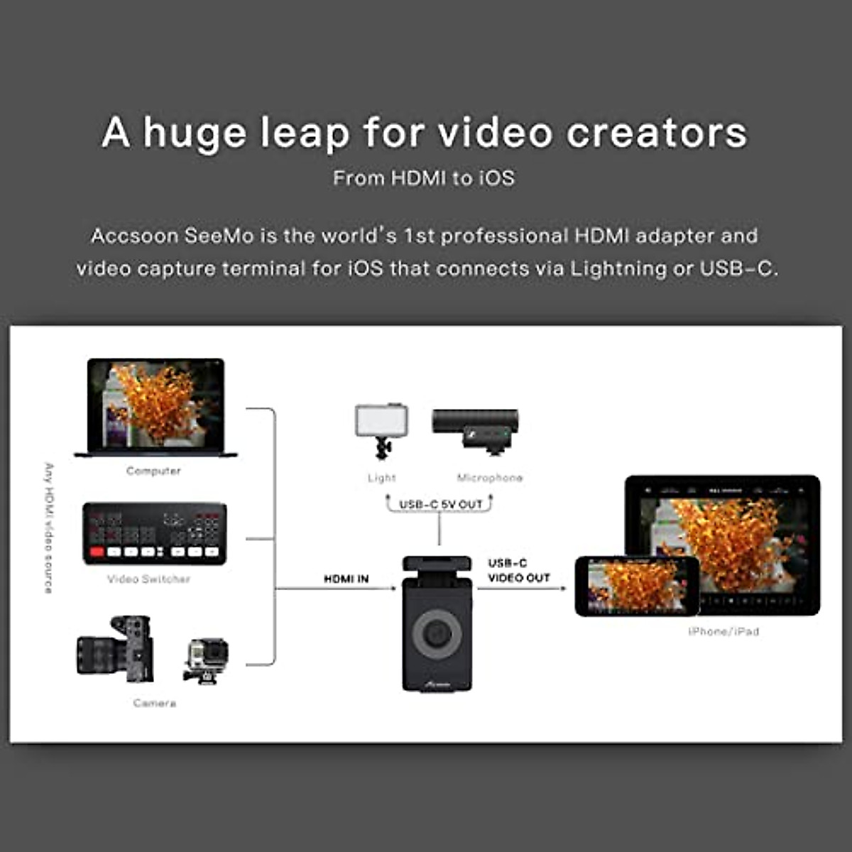 Accsoon SeeMo HDMI to USB Monitoring Adapter for iPhone/iPad, FHD 1920 * 1080 60fps Support H.264 Video Compression RTMP Live Streaming Support（Black）