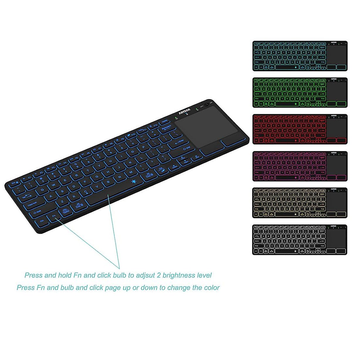 Arteck Universal Backlit 7-Colors Bluetooth Touch TV Keyboard with Easy Media Control and Build-in Touchpad for TV-Connected Computer, Smart TV, Desktop, Laptop, iPad, Surface, Tablet, HTPC