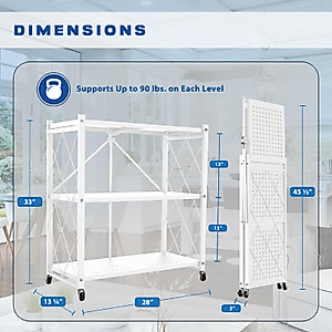 Lifetime Home 3-Tier Foldable Storage Shelf with Wheels - Metal Collapsible Shelving Unit Display, Rolling Cart for Books Kitchen Storage Shelves, Pantry & Closet Organizer, Office Room Decor - WHITE