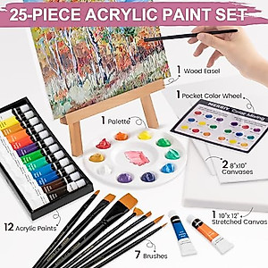 MERRIY Art Paint Set, Painting Supplies Kit with Tabletop Easel, 12 Colors Acrylic Paints,10"x 12" Stretched Canvas, Paint Brush Set, Premium Acrylic Paint Set for Adults Artists& Beginners, Age 15+