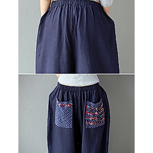 Minibee Women's Baggy Linen Wide Leg Trousers Casual Patchwork Elastic Waist Harem Pants Navy Blue 2XL