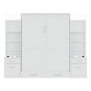 RoomAndLoft Queen Size White Murphy Wall Bed in Solid Wood, with Storage and Shelves, No Box Spring Needed, Easy Assembly, Up to weight capacity