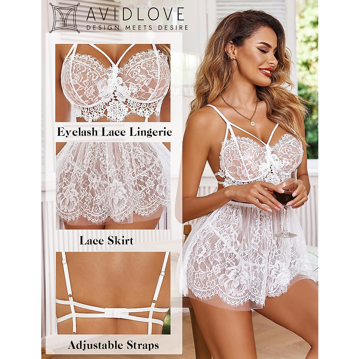 Avidlove Lingerie for Women Lace Exotic Negligee Bridal Nightdress White X-Large