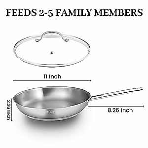 Deluxe Oil Gather Pro Stainless Steel Skillet, 11 Inch Frying Pan with Lid for Cooking, Prefesstional Cookware with Long and Stay Cool Handle Suit for All Stoves Induction Oven Dishwasher Safe