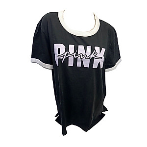 Victoria's Secret Pink Cotton Campus Ringer Short Sleeve Oversize Tee Color Black New (as1, alpha, x_l, regular, regular)