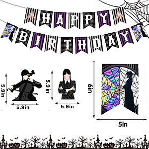 Wednesday Birthday Decorations Wednesday Happy Birthday Banner with Hanging Swirls Black and Purple for Kids Birthday Party Decorations Gothic Birthday Banner for Wednesday Party Supplies