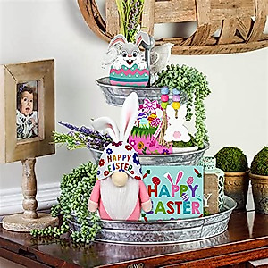 5 PCS Easter Gnome Tiered Tray Decor (Tray Not Included) - Gnomes Plush, Happy Easter Egg Mini Wood Sign, Wooden Bunny Bead Garland - Spring Easter Gift, Easter Day Party Decor for Home Kitchen