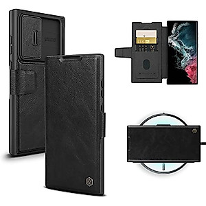 Nillkin Galaxy S22 Ultra Wallet Case, Camera Cover & Card Holder, PU Leather Flip Cover, Slide Protection, 6.8" 5G 2022, Black