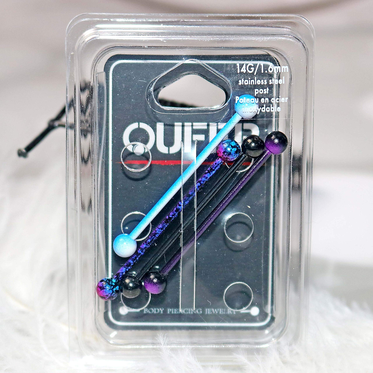 OUFER 14G 4PCS Stainless Steel Industrial Barbell Purple Black Splatter Industrial Earrings Industrial Piercing Jewelry for Women