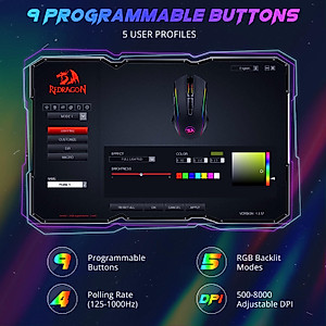 Redragon Gaming Mouse, Wired Gaming Mouse with RGB Backlit, 8000 DPI Adjustable, Mouse with 9 Programmable Macro Buttons & Fire Button, Software Supports DIY Keybinds, M910-K