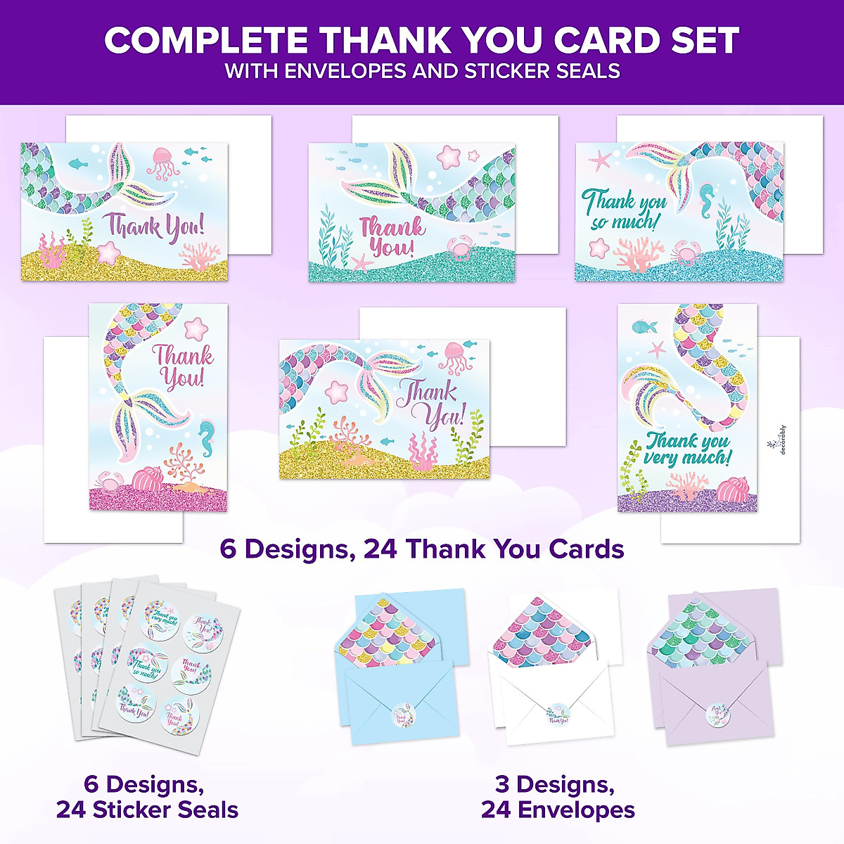 Decorably 30 Pack Glittery 4.9x3.5in Mermaid Thank You Cards with Envelopes and Stickers, 6 Sparkly Designs, Blank Inside, Baby Shower, Weddings, Birthdays