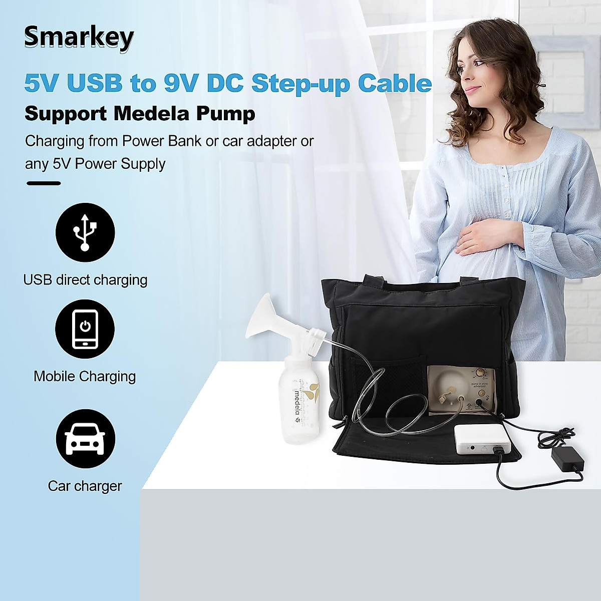 Smarkey 9 Volt USB Car Adapter for Medela Pump-in-Style Advanced Breast Pump Replaces Part # 67174 or 920.7010 9207010（Easy to Carry When Travel）