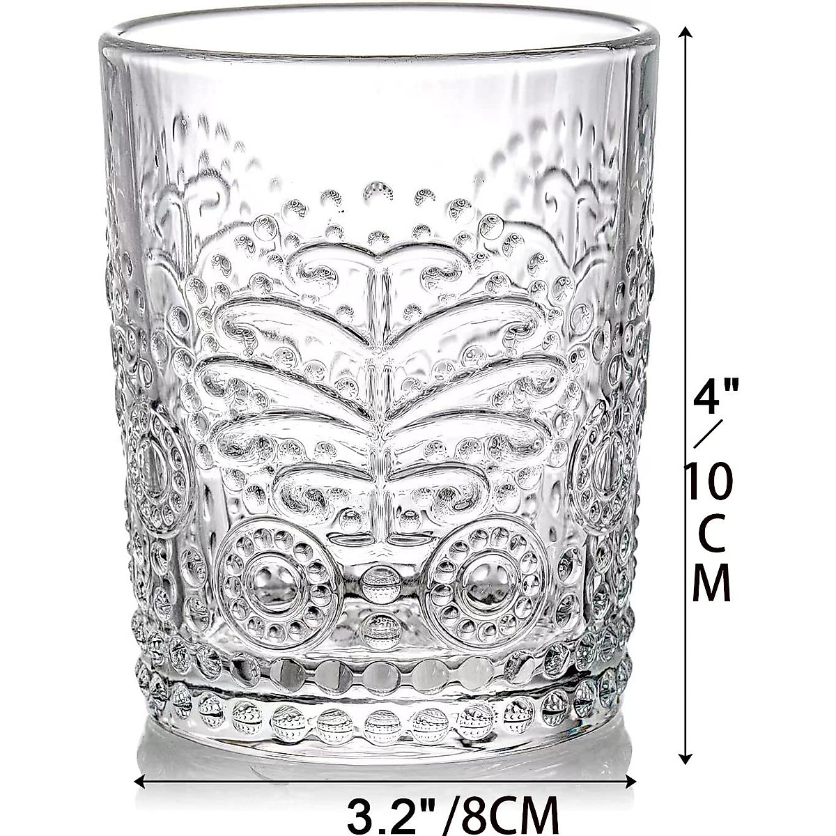 Okllen 6 Pack Clear Romantic Drinking Glasses, 10 Oz Embossed Water Glasses Tumblers, Vintage Glassware Set Highball for Juice, Whisky, Beverages, Beer, Cocktail