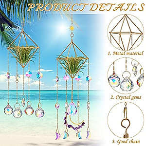3 Pcs Hanging Air Plant Holder Rustic Style Air Plant Rack Hanger with Crystal Pendant and Chain Golden Geometric Metal Planter Wall Window Air Plants Display for Home Festival Wedding Decor, 3 Styles