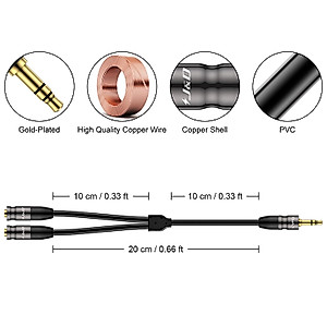 J&D Headphone Splitter 3.5 mm Audio Stereo Y Splitter Cable, 1/8 inch TRS Male to Dual 1/8 inch TRS Female Headphone Jack Adapter Aux Extension Cable for Phone/PS4/Switch/Tablet, 0.65 ft