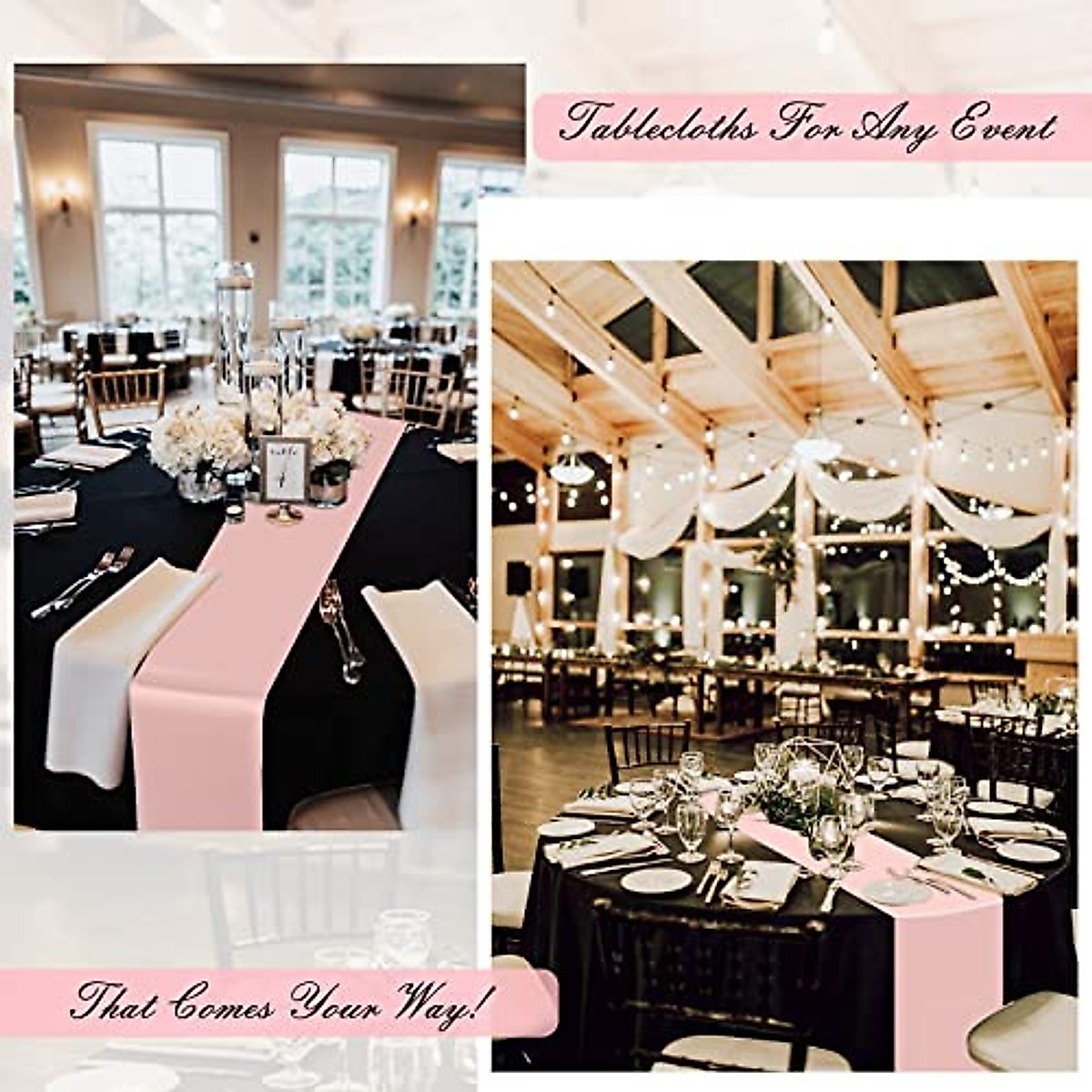 6 Pack Round Plastic Tablecloth 84" Black Disposable Table Covers Waterproof Circle Party Table Cloths for Round Tables and 6 Pack 12"x108" Rose Gold Satin Table Runners for Parties Birthday Picnic