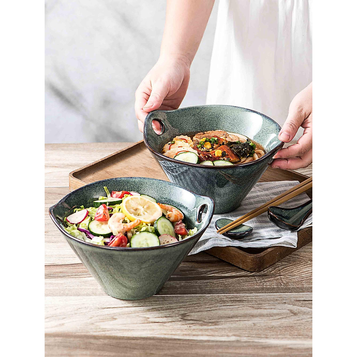 Henten Home 26 OZ Ramen Bowls Set, Ceramic Japanese Noodle Bowls Set of 2, Porcelain Deep Salad Bowl with Chopsticks for Udon, Reactive Glaze, Microwave Safe (Green)