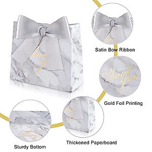 SHAIDOJIO 𝟐𝟒 𝐏𝐜𝐬 Small Thank You Gift Bags, Party Favor Bag Treat Box with Bow Ribbon, Marble Pattern Mini Paper Gift Bags Bulk for Wedding, Birthday, Bridal Shower, Baby Shower (4.5x1.8x4 Inch)