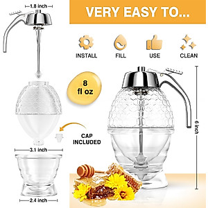 Honey Dispenser No Drip Glass, Maple Syrup Dispenser, Honey Jar with Stand, 8 oz Beautiful Honey Comb Shaped Honey Pot, Perfect Bee Decoration for Home Kitchen