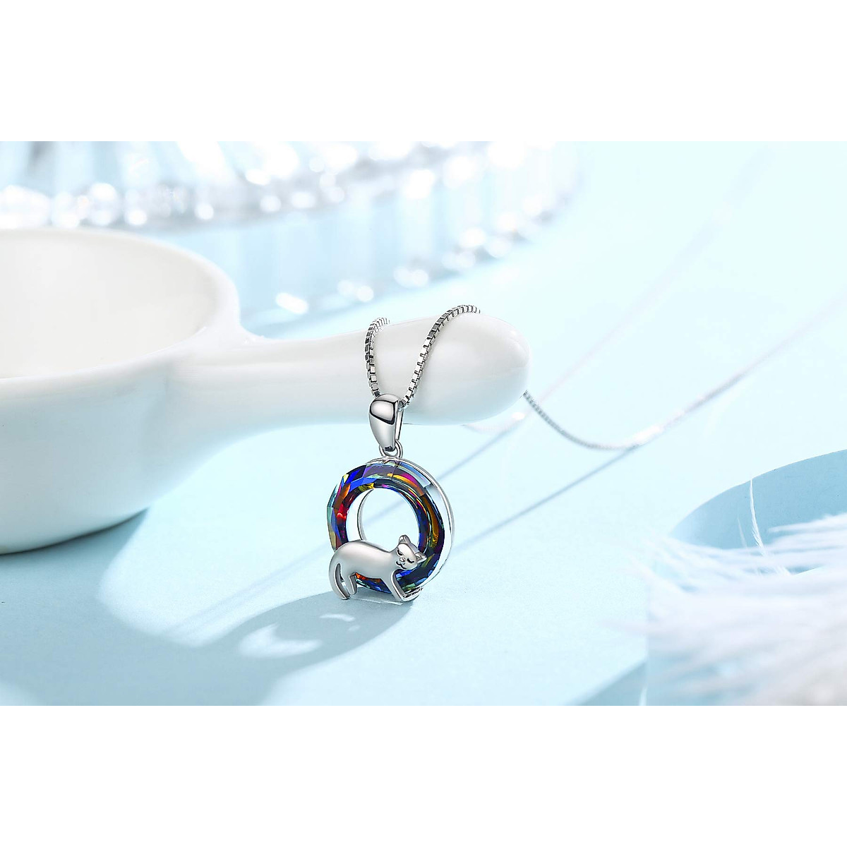 JUSTKIDSTOY Cat Necklace 925 Sterling Silver Cute Animal Pendant Necklace with Crystal Cat Jewelry Gifts for Women Cat Lovers