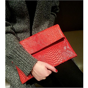 Fashion Snakeskin Envelop Clutch Purse Retro Oversized Handbags for Women (Red)