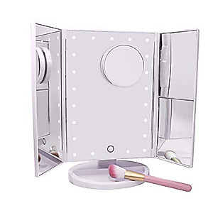 KXA Tri-Fold Vanity Mirror, 21 LED Lighted with Touch Screen 1X/2X/3X Magnification and USB Charging Adjustable Brightness and Stand for Makeup
