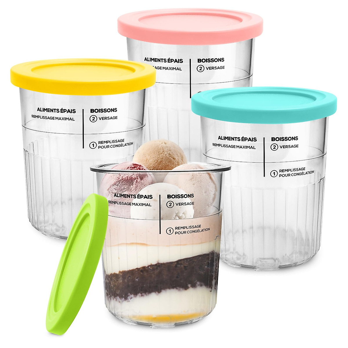Ninja Creami Pints and Lids - 4 pack, Compatible with NC500 & NC501 Series, CREAMi Ice Cream Maker Cups, Ninja Creami Replacement Containers, BPA-Free & Dishwasher Safe (Yellow/Blue/Green/Pink)