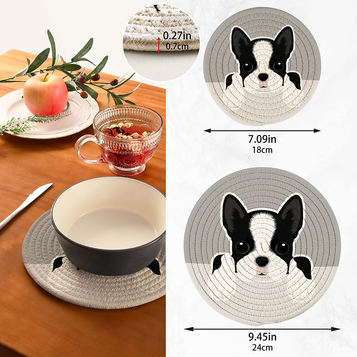 Dog Boston Terrier Puppy Pot Holders for Kitchen Cotton Round Holder Set of 2 Heat Resistant Trivets Coasters Pure Cotton Thread Weave for Hot Dishes