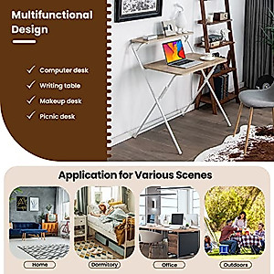 Tangkula 2-Tier Folding Desk w/Large Desktop & Top Shelf, No-Assembly-Required Laptop Table, Modern Computer Desk w/Metal Frame, Space-Saving Home Office Desk for Dorm, Apartment (Oak)