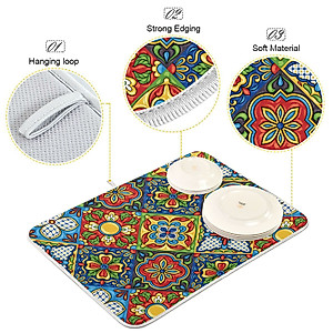Mexican Talavera Tile Dish Drying Mat for Kitchen Counter, Microfiber Dish Drainer Mat for Kitchen Countertop 18 x 24 inch