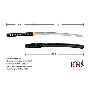 HMS Unsharpened Iaido Training Wakizashi Sword, Stainless Steel, Full Tang, Samurai Bamboo Tsuba, Black Scabbard