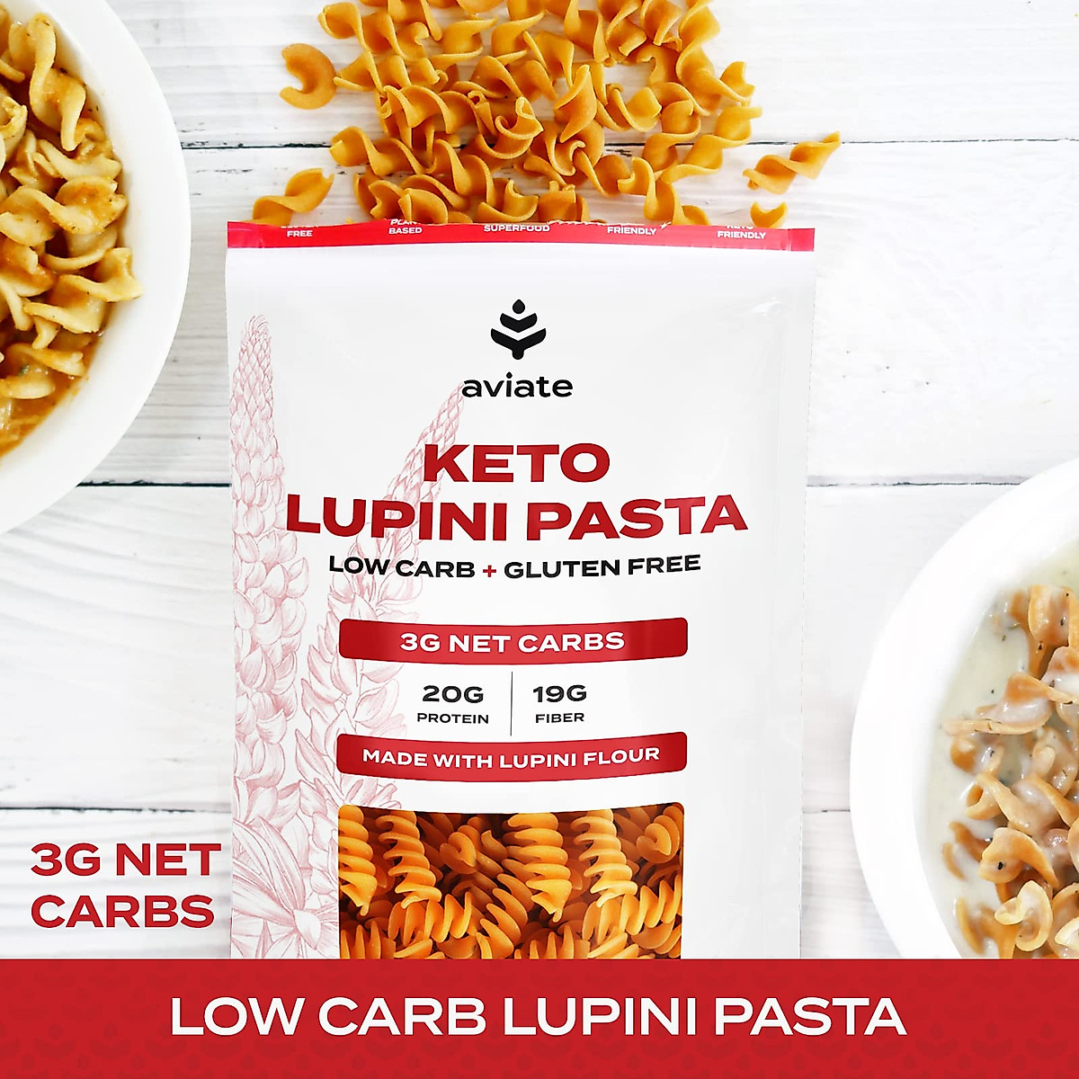 Aviate Keto Pasta Rotini - Low Carb (3g Net) Lupini Noodles, High Protein (20g), Gluten-Free, Made with Lupin Flour, Plant Based Vegan, Keto-friendly, Low Carb - Rotini (8oz) (Pack of 3)