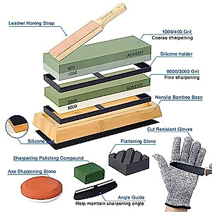 Knife Sharpening Stone Set, Aovemt Whetstone Coarse to Polished Finishes 4-Sided 400/1000 3000/8000 Grit wet stone, Axe Sharpening Stone, Leather Strop, Stropping Compound, Flattening Stone, ect.