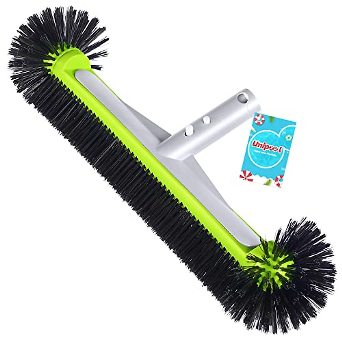 Swimming Pool Wall & Tile Brush, with Round Ends,17.5" Heavy Duty Aluminum Back Head for Cleans Walls, Tiles & Floors, 7 Rows Premium Nylon Bristles with EZ Clips (Green Black)